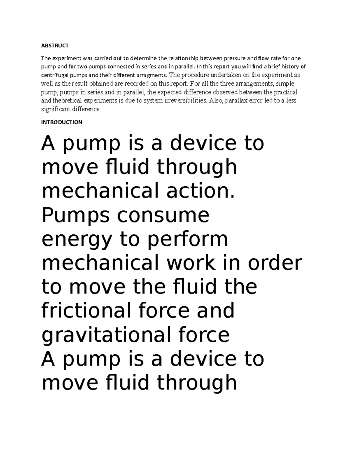 Fluid lab PUMPS IN SERIES AND PARRALLEL - Materials Science And ...