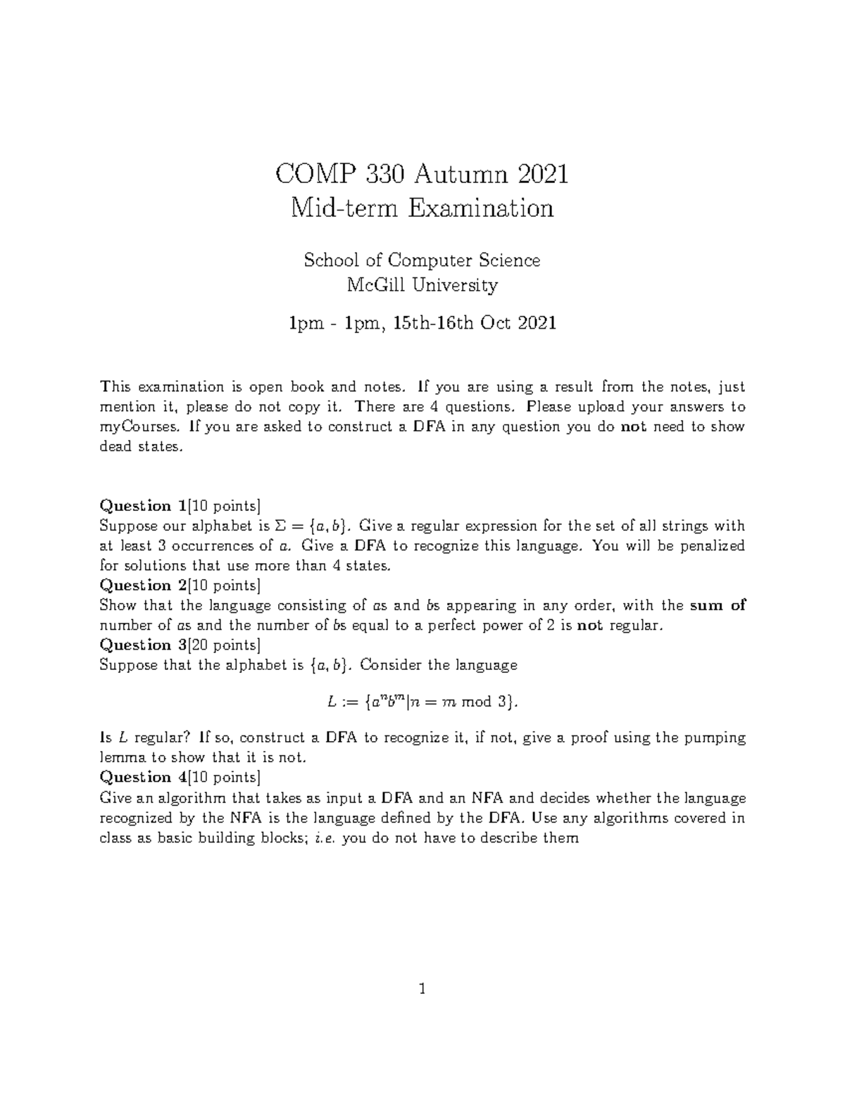 Midterm exam for fall - COMP 330 Autumn 2021 Mid-term Examination ...
