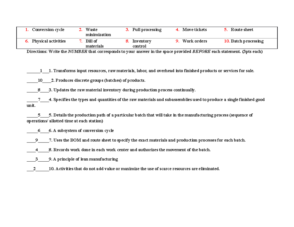 Conversion-cycle-quiz - Conversion cycle 2. Waste minimization 3. Pull ...