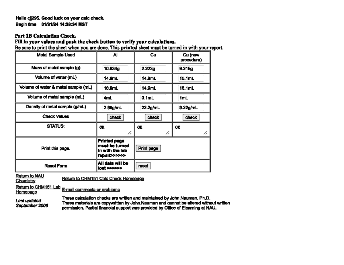 Experiment 1 Calculation Checks 1 - CHM 151L - Studocu