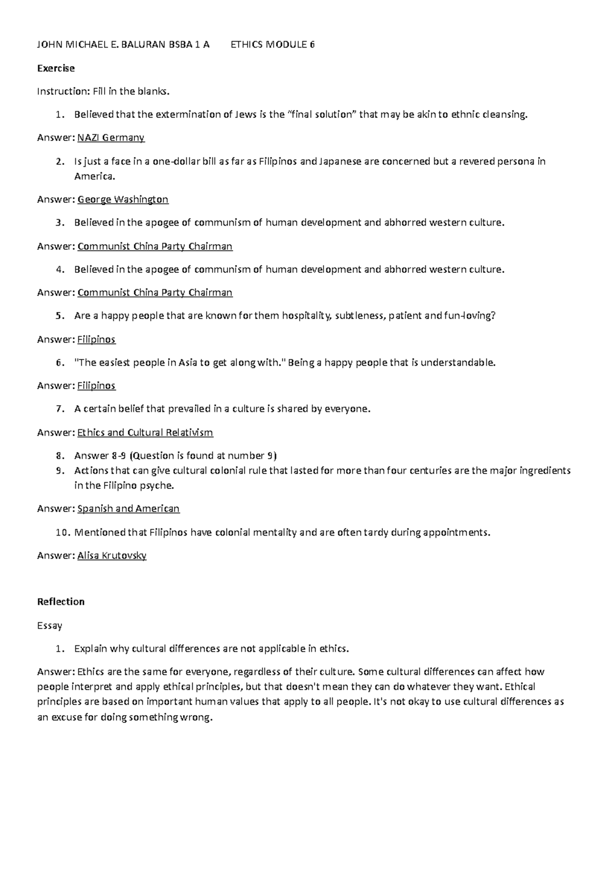 Ethics Module 6 - Bsbwhwwjjw - JOHN MICHAEL E. BALURAN BSBA 1 A ETHICS MODULE 6 Exercise - Studocu