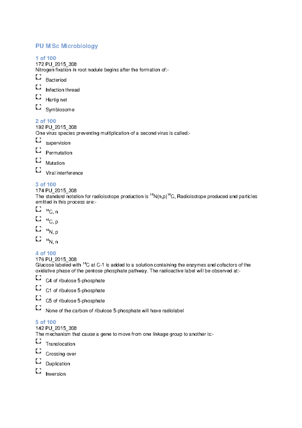 MSc Microbiology question paper 2015 - PU M Sc Microbiology 1 of 100 ...