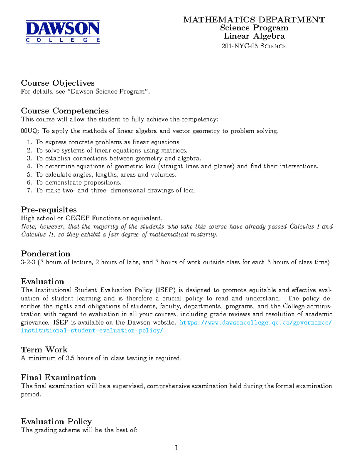201-NYC-05 - Course Outline for Linear Algebra - MATHEMATICS DEPARTMENT ...