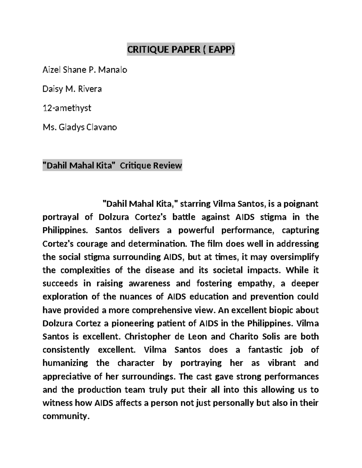 Critique Paper-WPS Office - CRITIQUE PAPER ( EAPP) Aizel Shane P ...