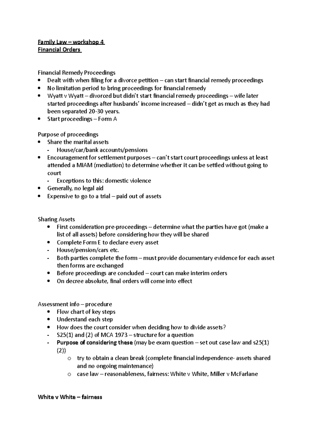 Family Law and practice - Family Law – workshop 4 Financial Orders ...