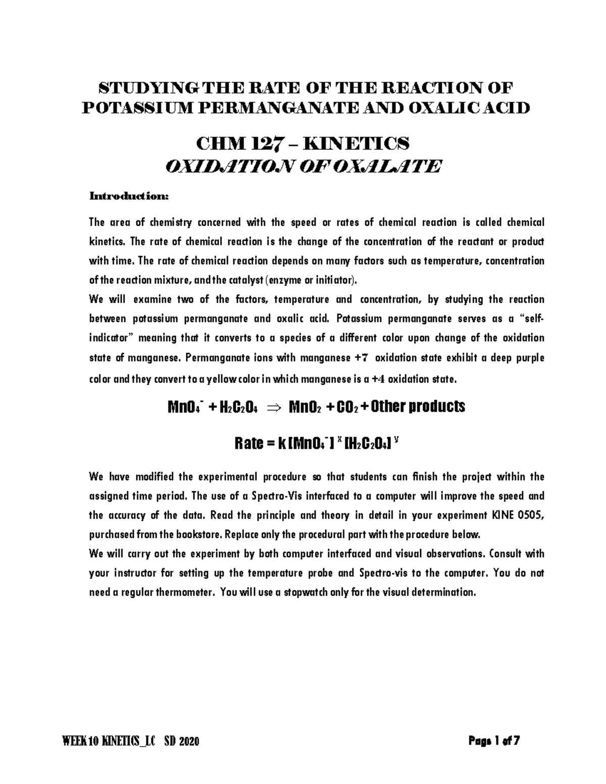 WEEK 10 Kinetics LC SD 2020 - STUDYING THE RATE OF THE REACTION OF ...