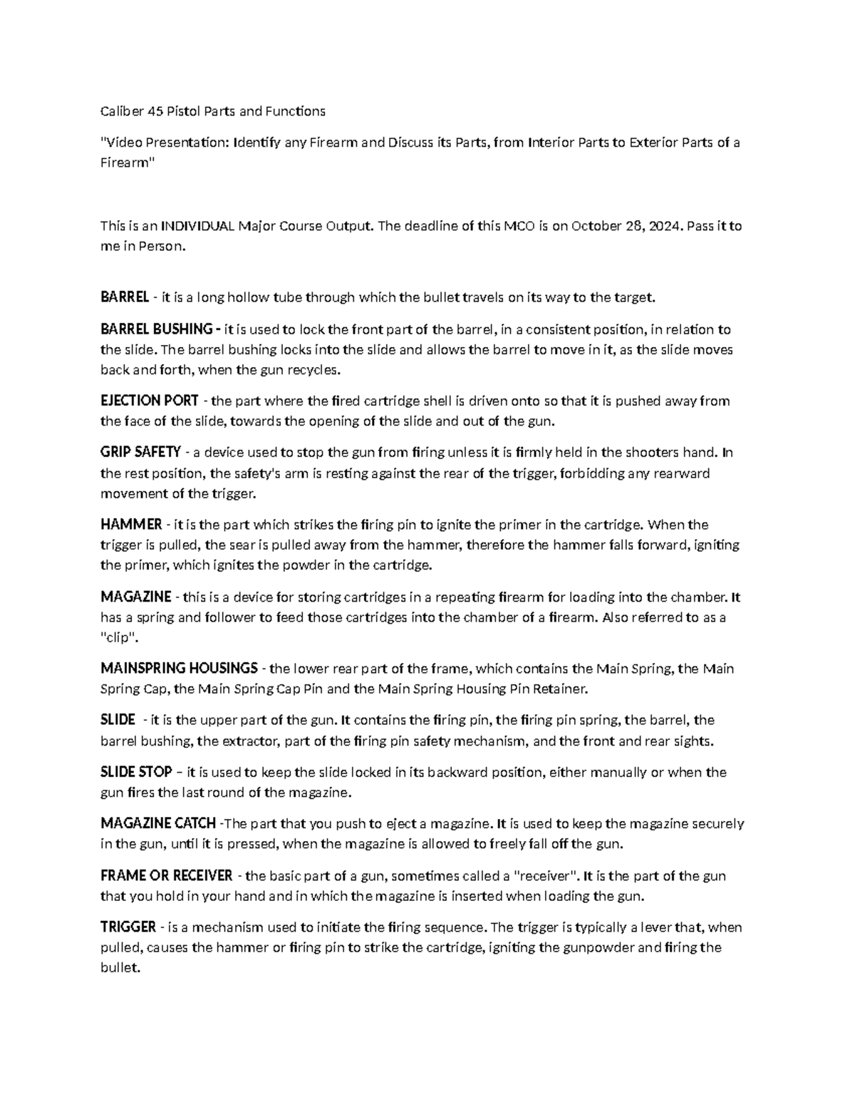 Caliber 45 Pistol Parts and Functions - Caliber 45 Pistol Parts and ...