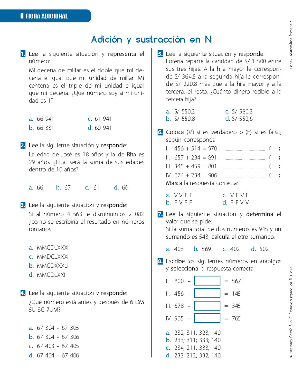 FA Adición y sustracción en N - Fichas - Matemática Primaria 3 © Ediciones Corefo S. A. C ...