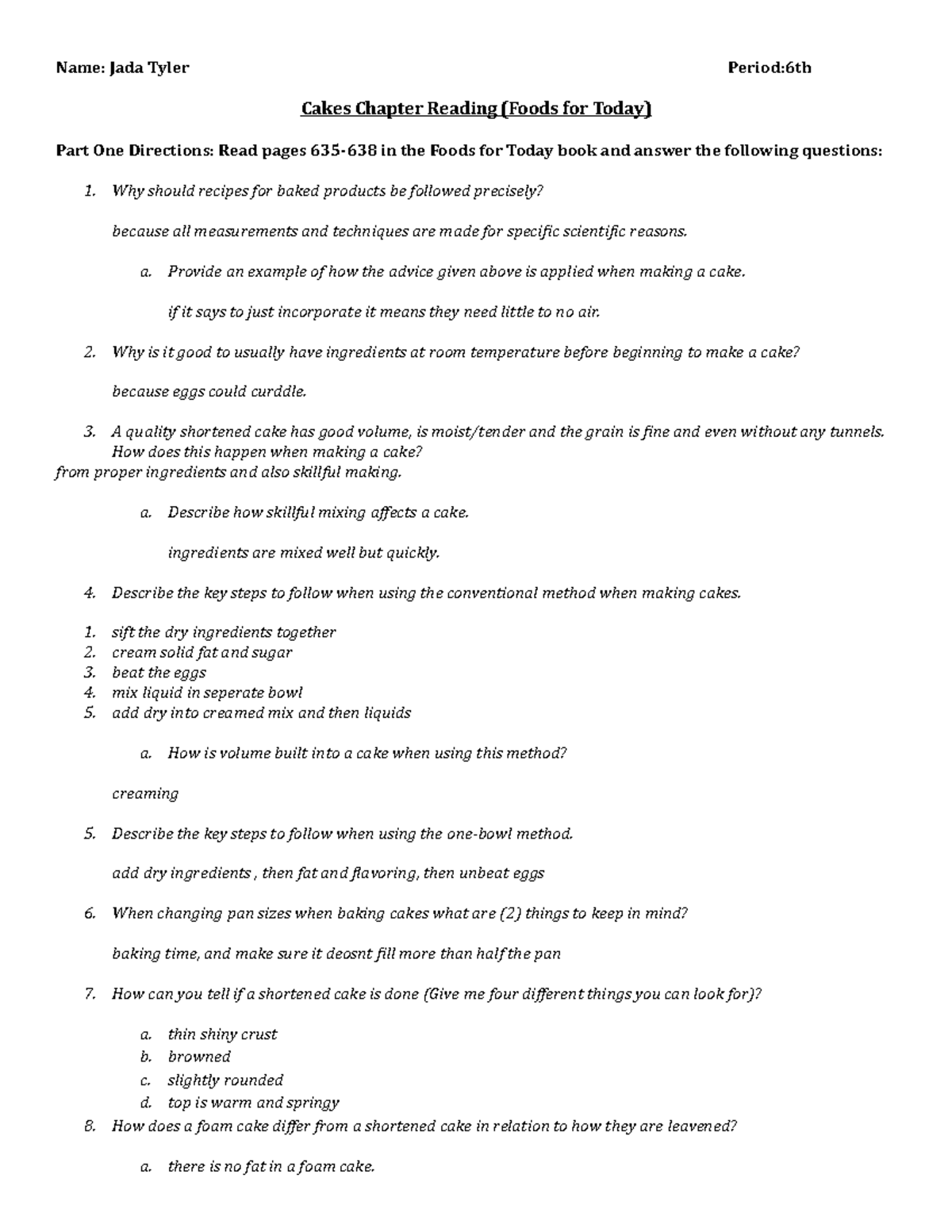 Cakes Chapter Reading Questions - Name: Jada Tyler Period:6th Cakes ...