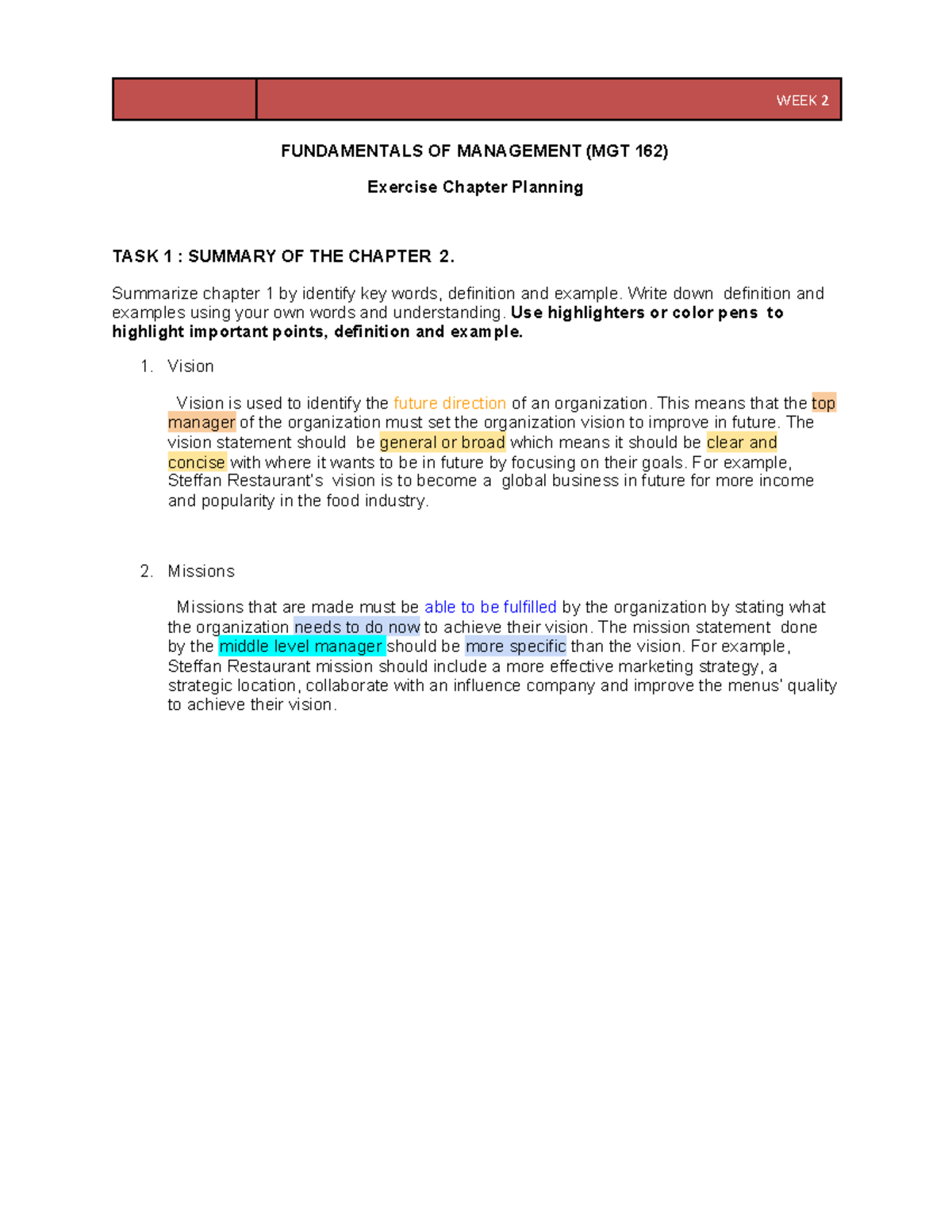 Exercise Chapter 2 Ifaliyana - FUNDAMENTALS OF MANAGEMENT (MGT 162) Exercise Chapter Planning ...