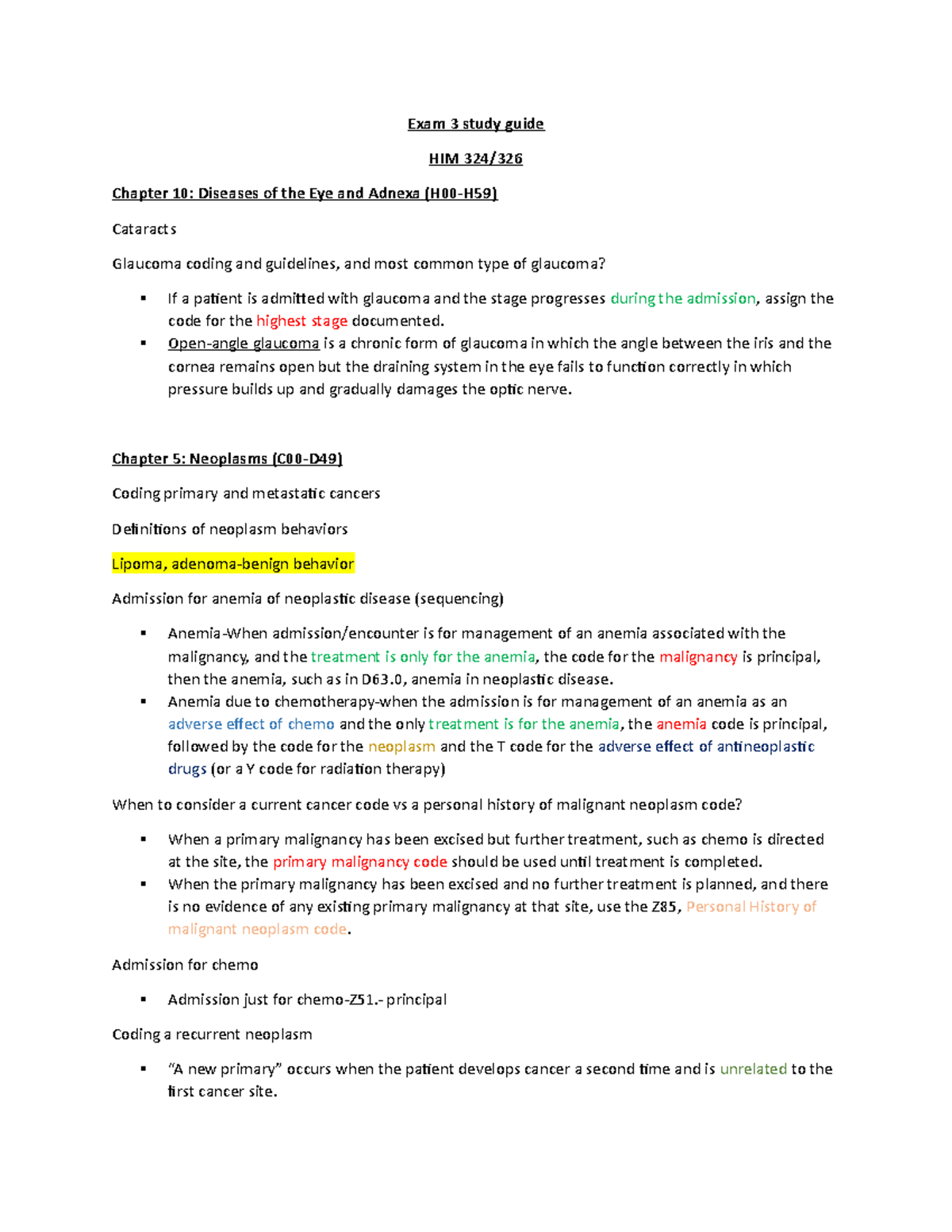 Exam 3 Study Guide - Exam 3 study guide HIM 324/ Chapter 10: Diseases ...