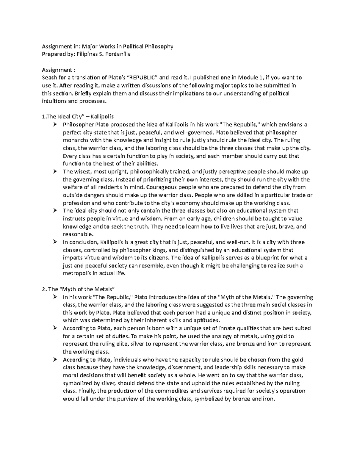 (Plato assignment) - Assignment in: Major Works in Political Philosophy ...