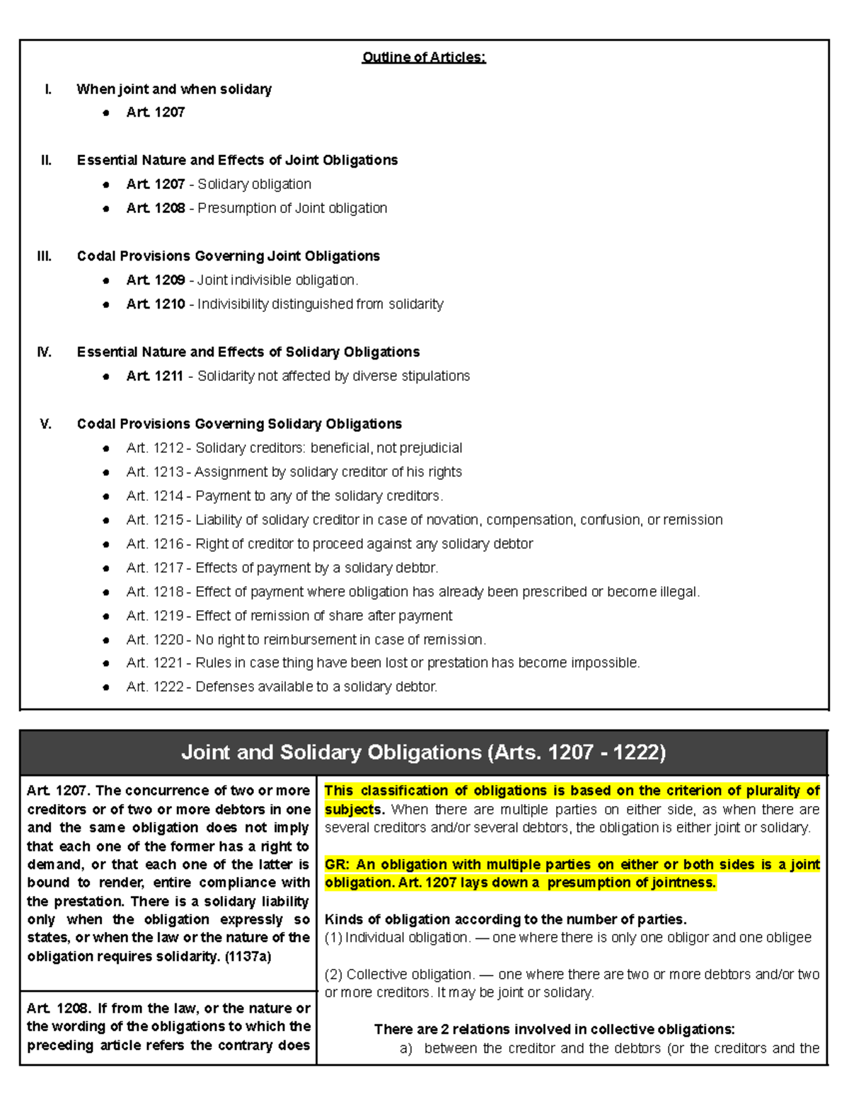 Law on Obligations and Contracts Notes (Obli Con Notes) - Joint and ...