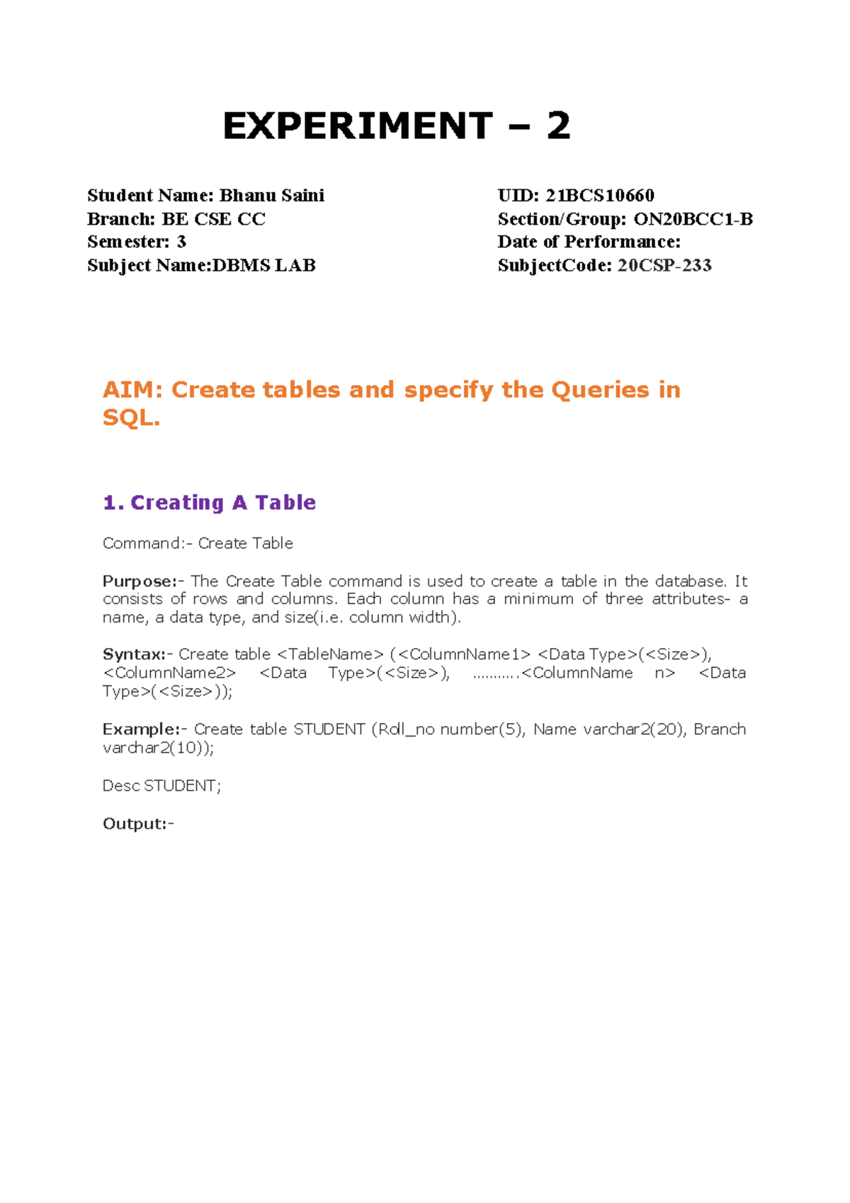 DBMS LAB Worksheet 2 - EXPERIMENT – 2 Student Name: Bhanu Saini UID ...