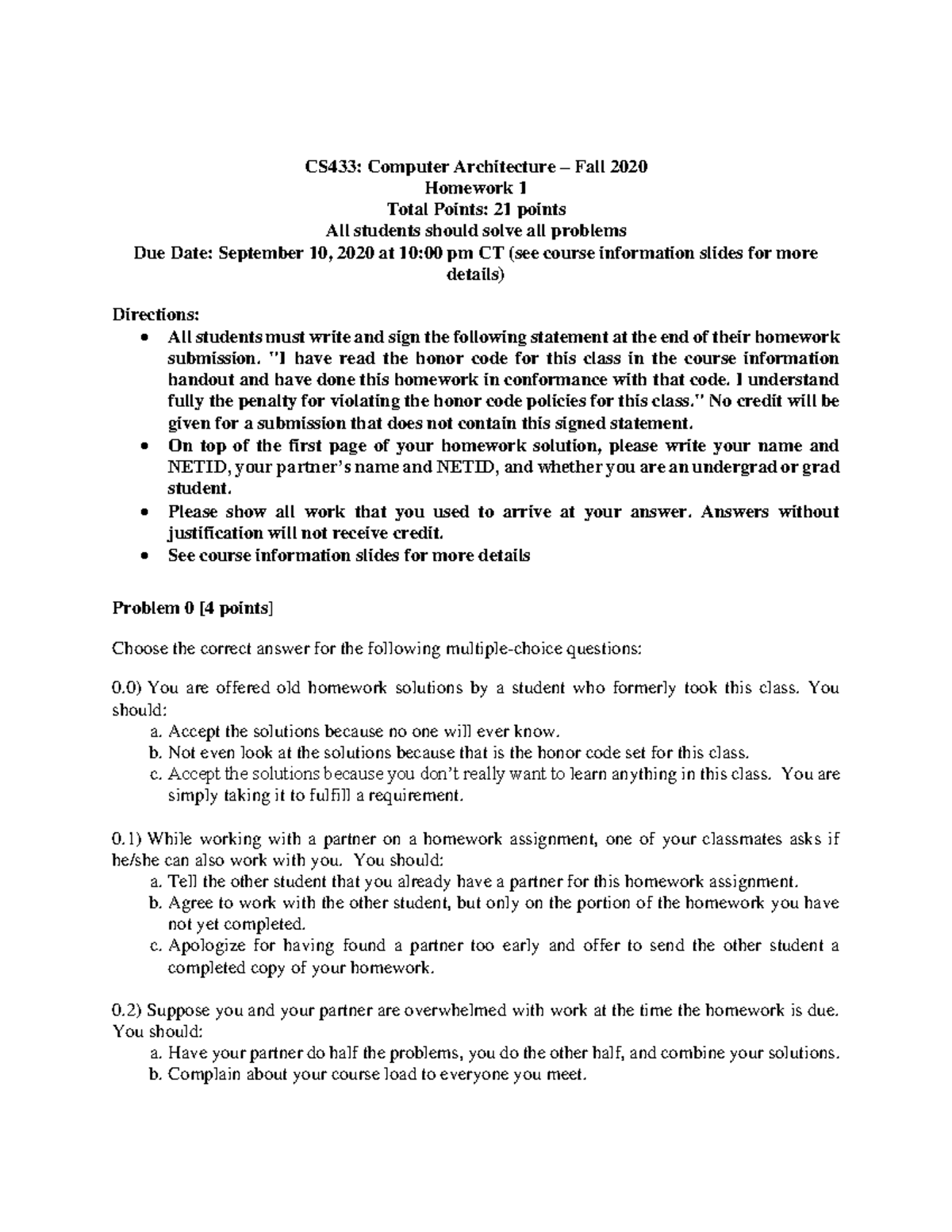 Cs433 fa20 hw1 solutions - CS433: Computer Architecture – Fall 2020 Homework 1 Total Points: 21 ...