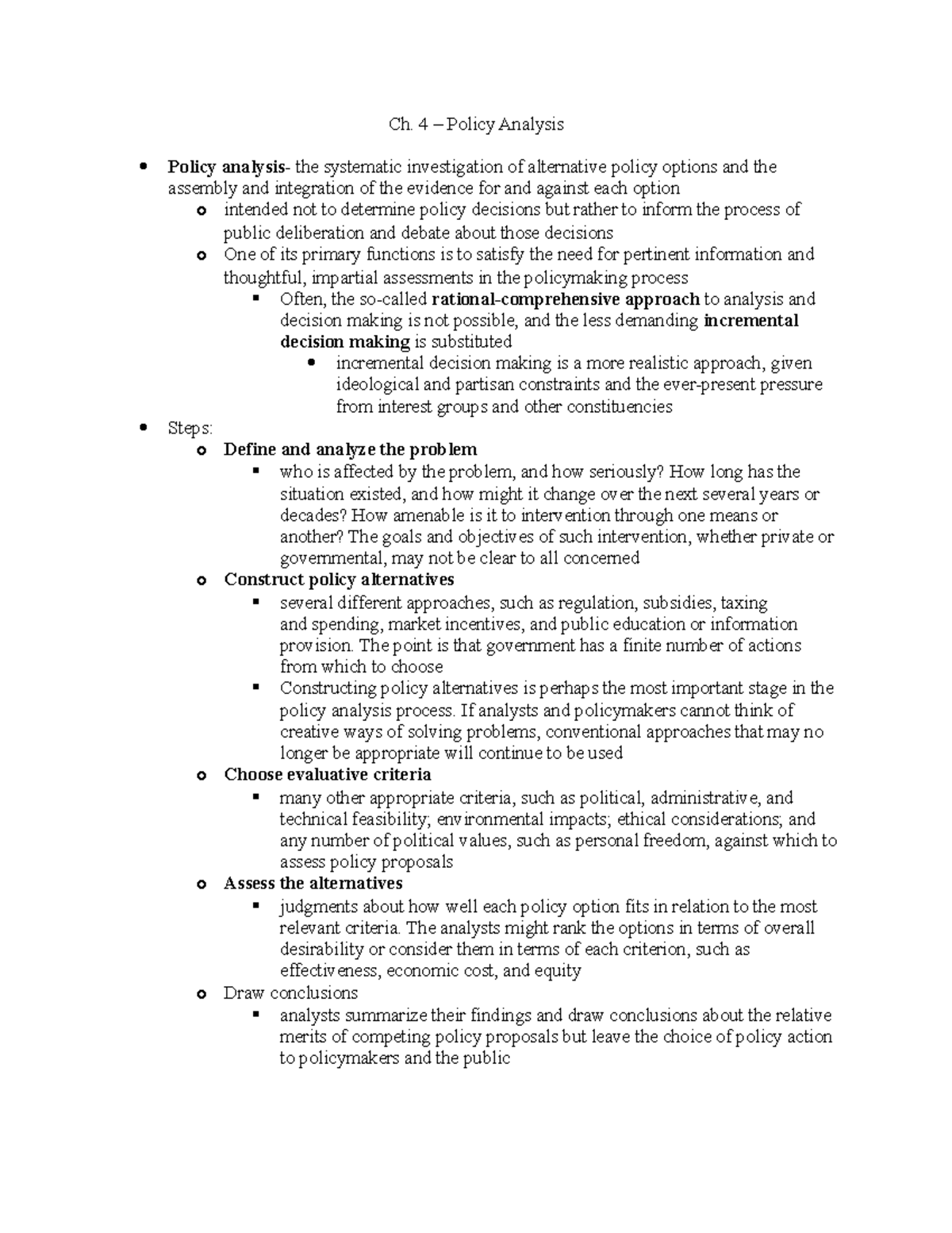 Chapter 4 Notes - Prof. Lippard - Ch. 4 Policy Analysis Policy the ...