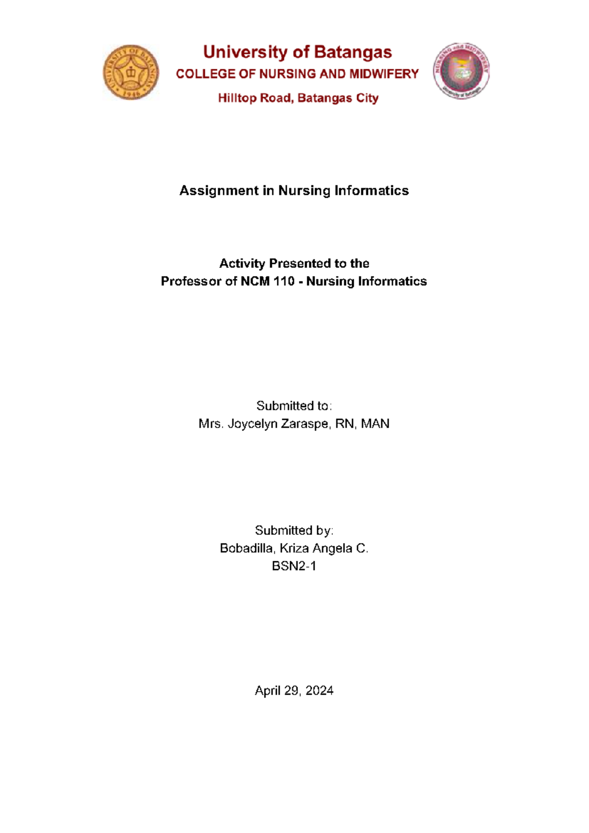 Journal Analysis - Assignment in Nursing Informatics Activity Presented ...