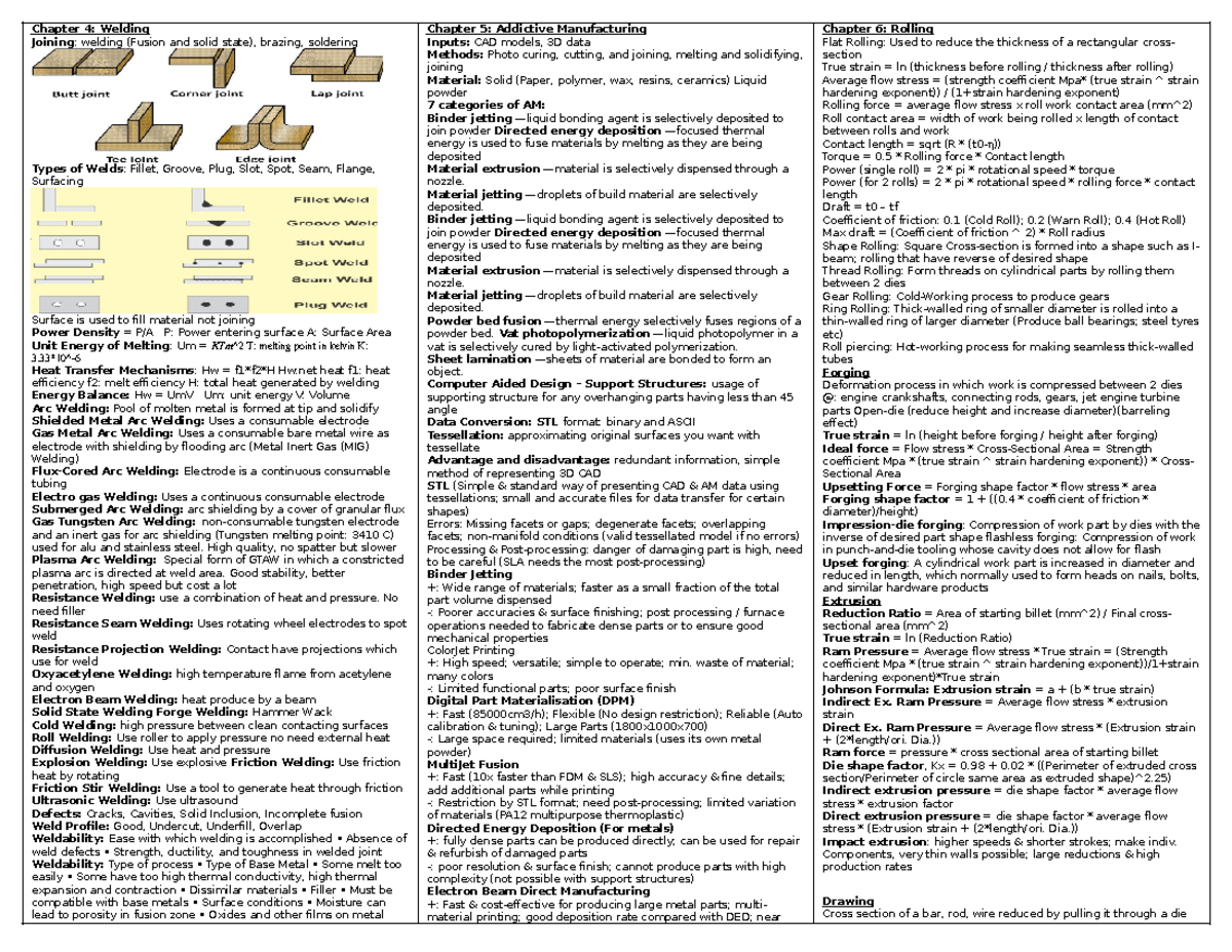 ME2162 - Cheat sheet - Chapter 4: Welding Joining: welding (Fusion and ...