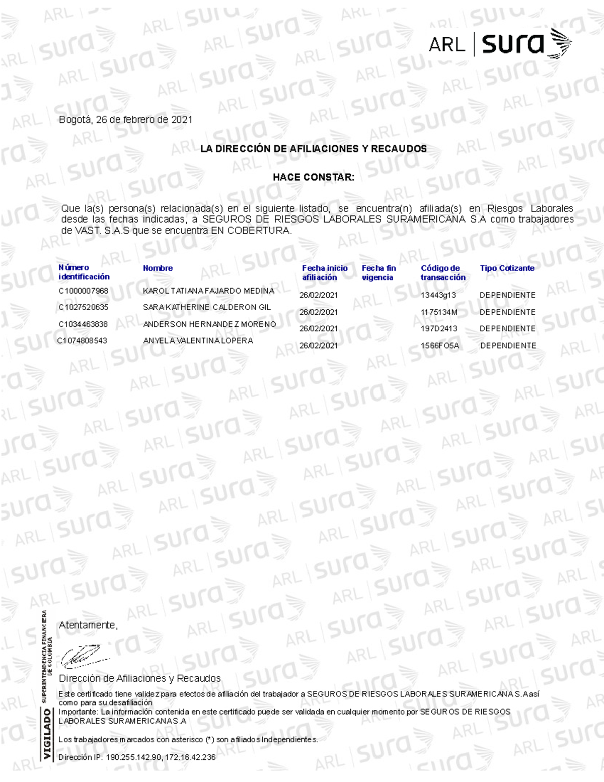 ARL - Formato arl - Bogotá, 26 de febrero de 2021 LA DIRECCIÓN DE ...