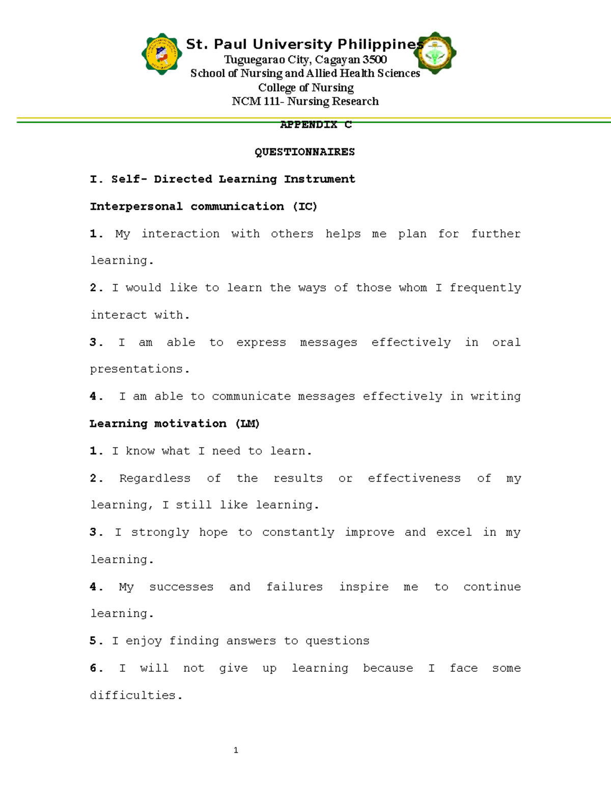 Appendix C - course outline - Tuguegarao City, Cagayan 3500 School of ...