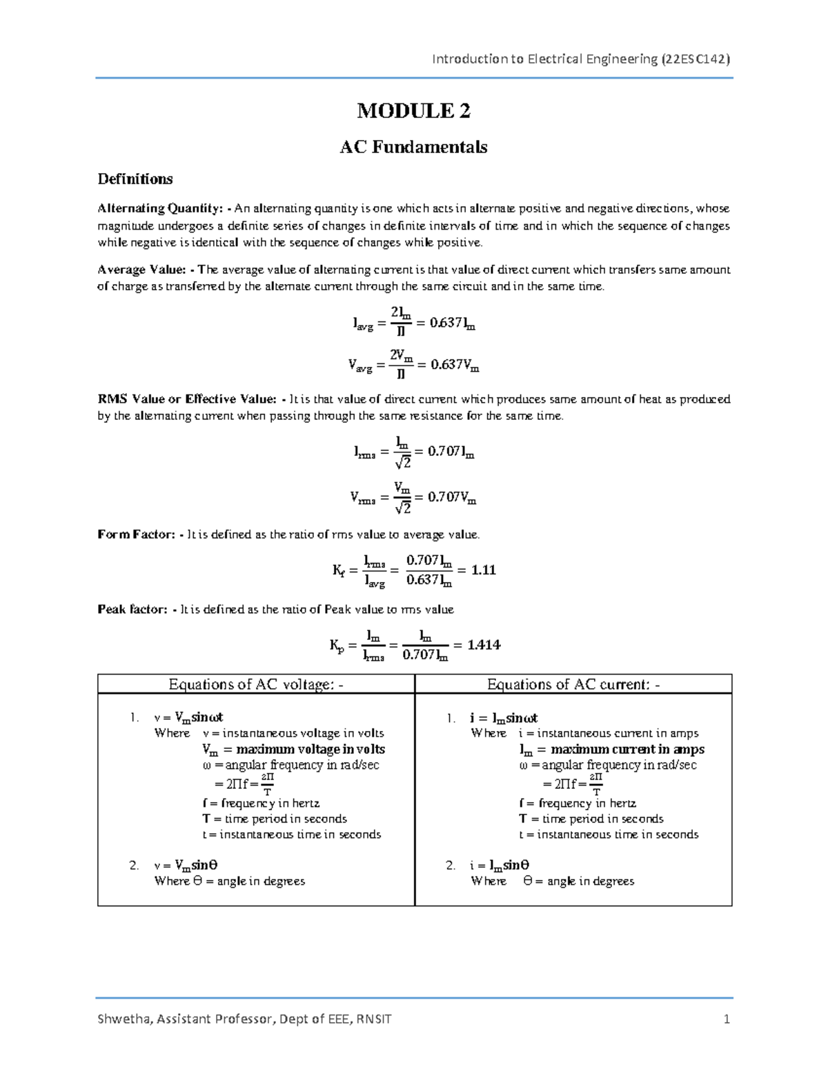 IEE Module 2.1 Single Phase AC RLC - Introduction to Electrical Engineering (22ESC142) Shwetha ...