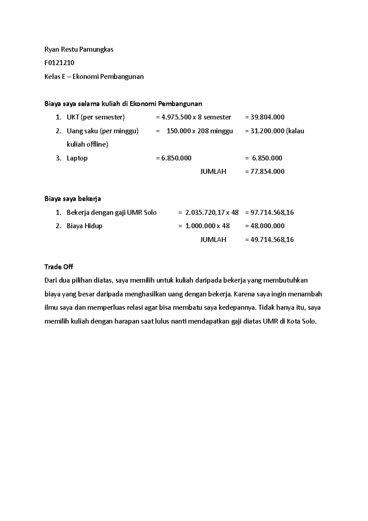 Ryan Restu Pamungkas F0121210 Opportunity Cost Ryan Restu Pamungkas F