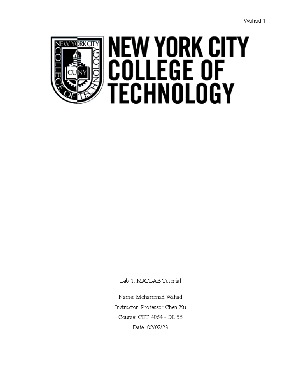 Cet 4864 Lab 1 Matlab Tutorial Lab 1 Matlab Tutorial Name Mohammad Wahad Instructor