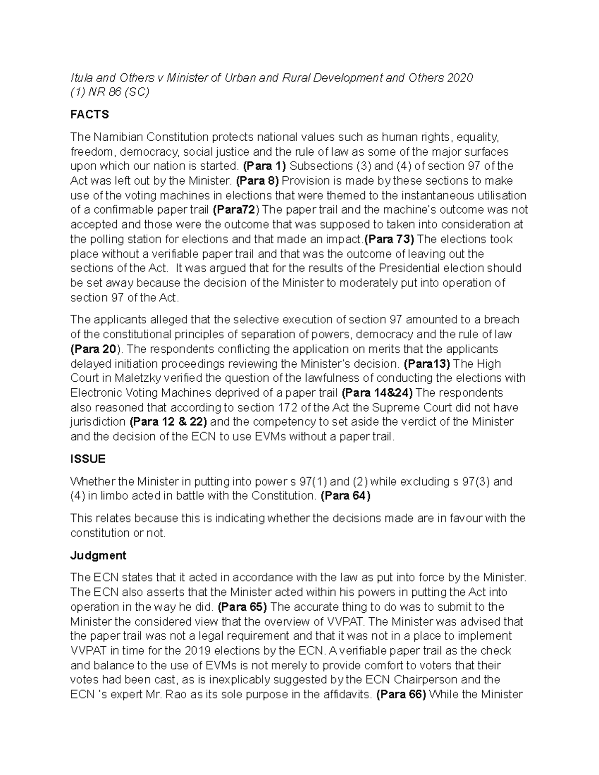 Topic 9 Itula - case summary - Itula and Others v Minister of Urban and ...