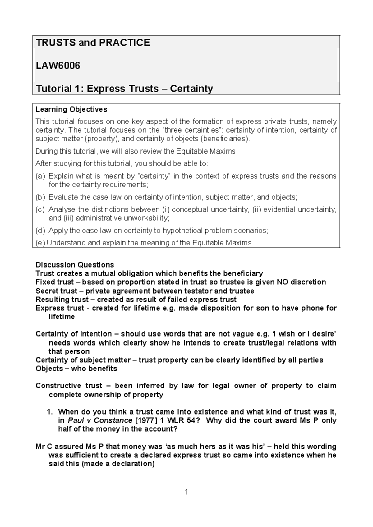 Tutorial 1 - Trusts - TRUSTS and PRACTICE LAW Tutorial 1: Express Trusts – Certainty Learning ...