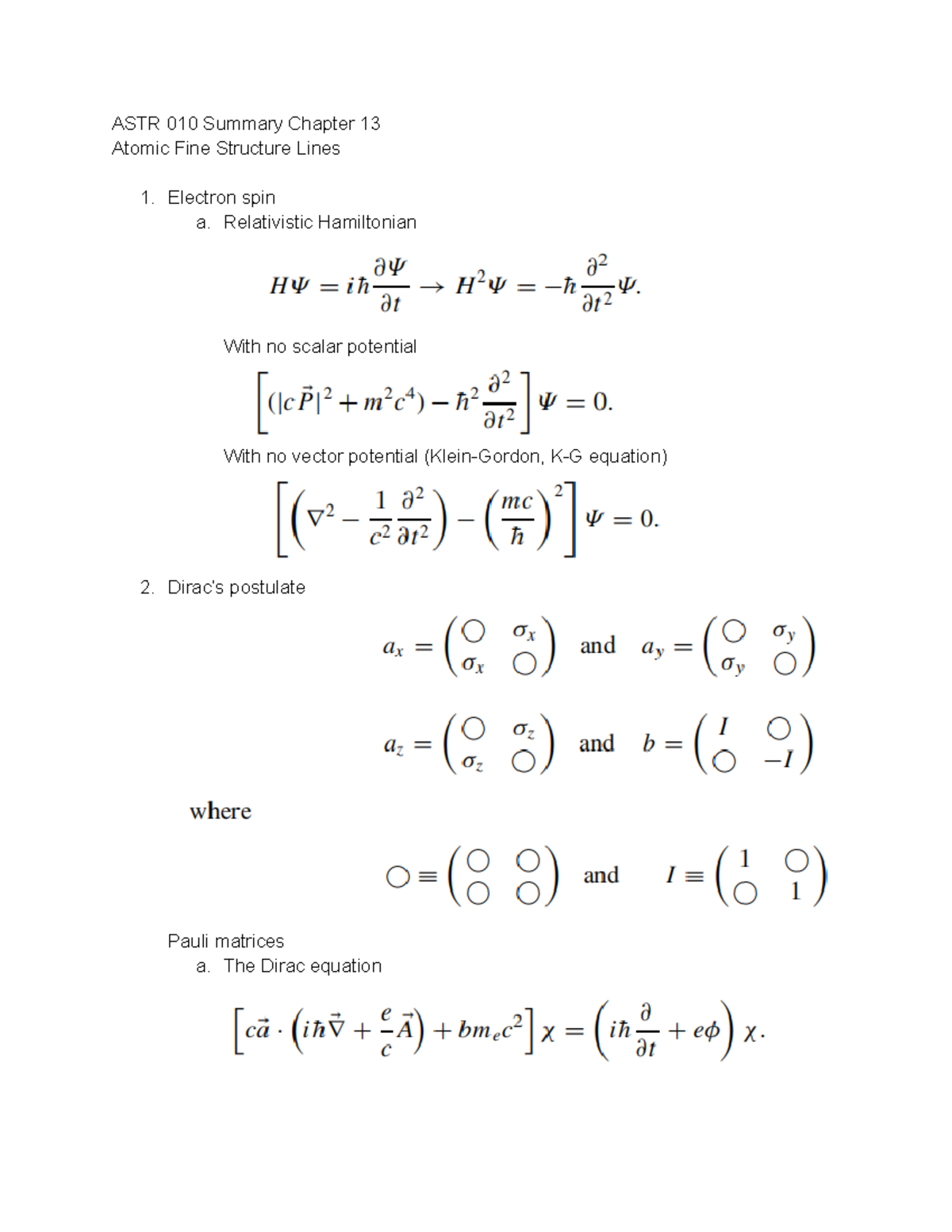 Astr 010 Summary Chapter 13 Astr 010 Summary Chapter 13 Atomic Fine Structure Lines Electron
