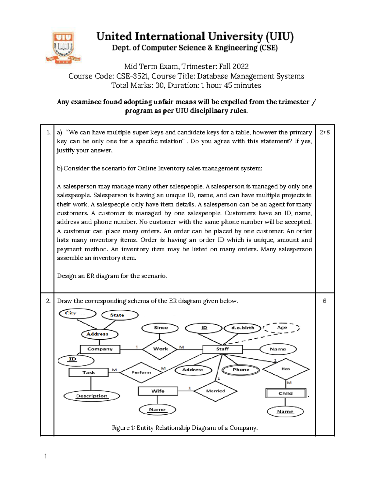 Mid Term Question 223 CSE3521 B FAH - Mid Term Exam, Trimester: Fall 2022 Course Code: CSE-3521 ...