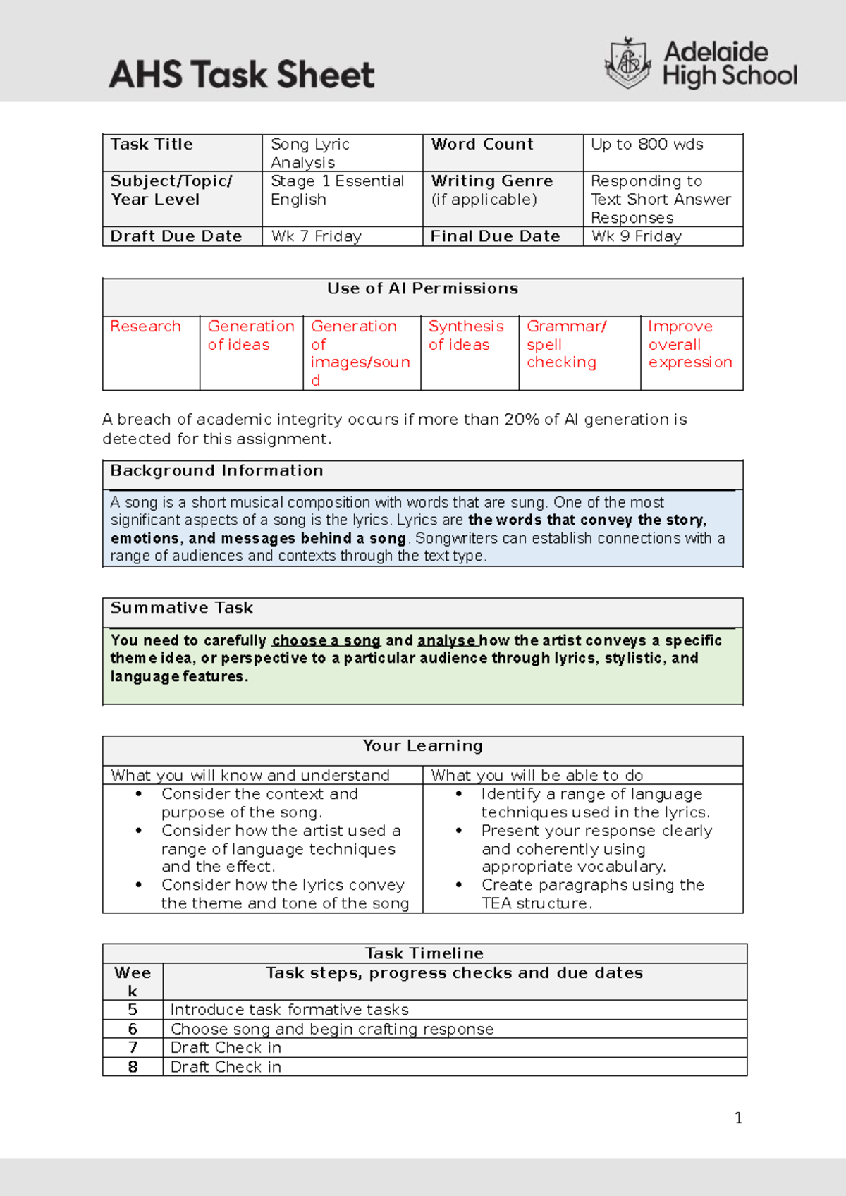 RT1 Song Lyric TASK Sheet 2024 - Task Title Song Lyric Analysis Word ...