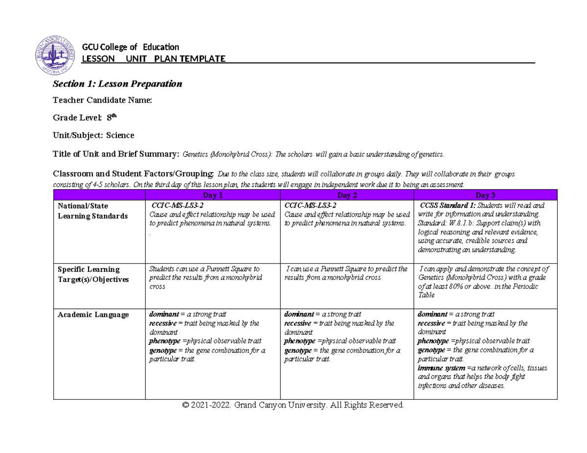 ELM 361- Science Health Unit Plan - Section 1: Lesson Preparation ...