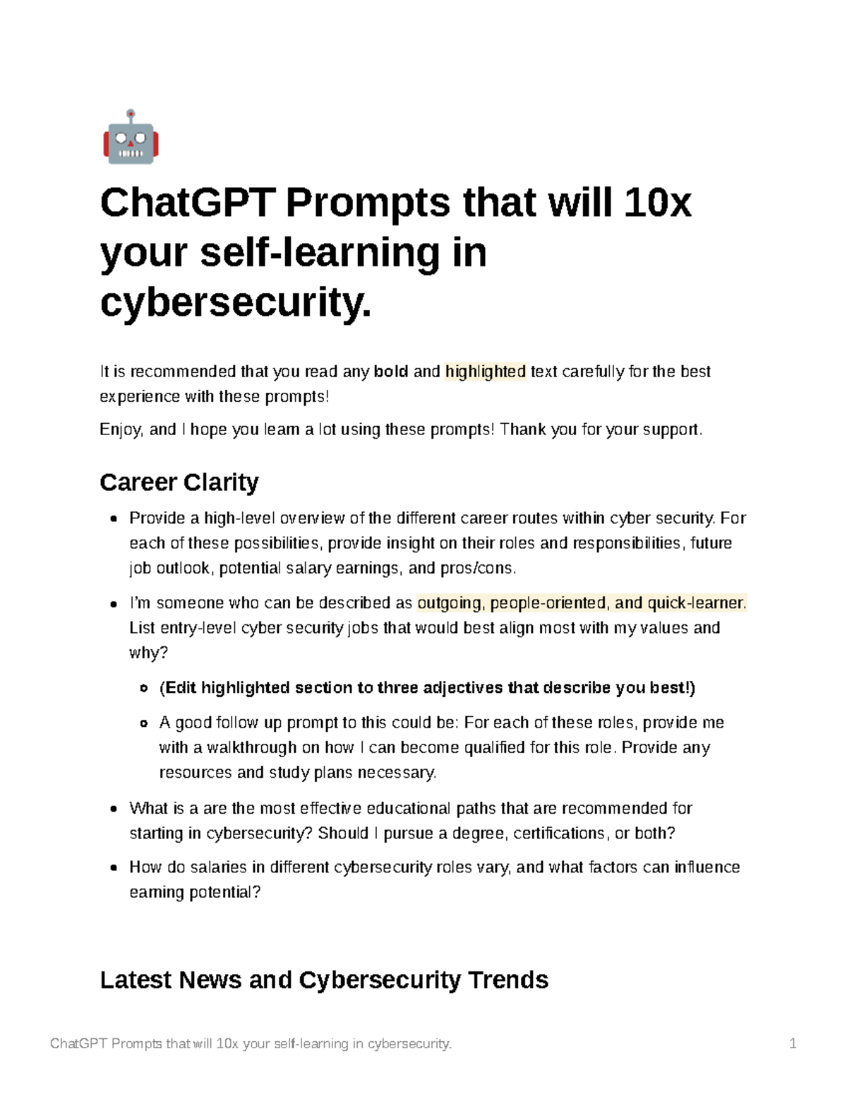 Cybersecurity Career Learning Prompts by Anonymous - 🤖 ChatGPT Prompts ...