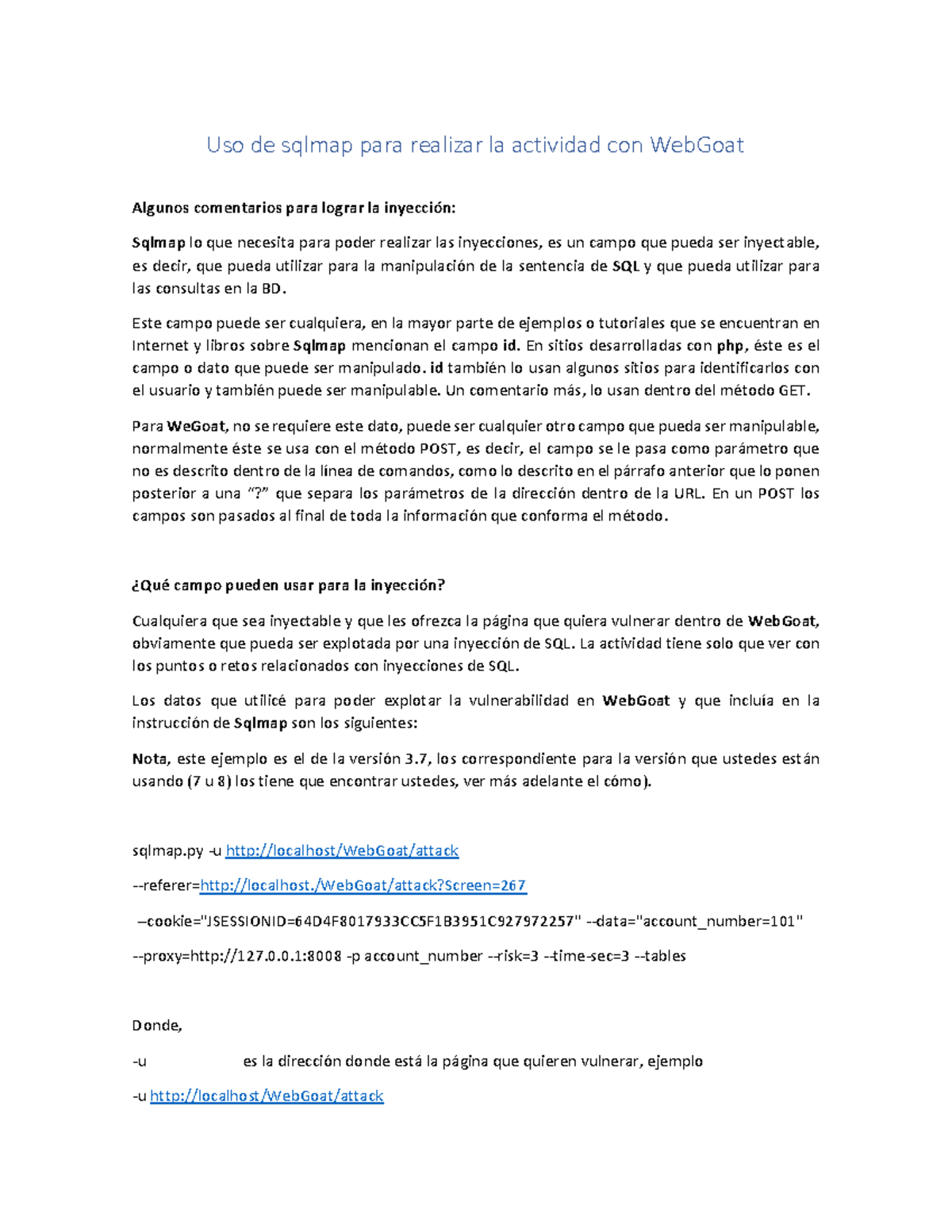 Uso de sqlmap para realizar la actividad con Web Goat - Uso de sqlmap ...