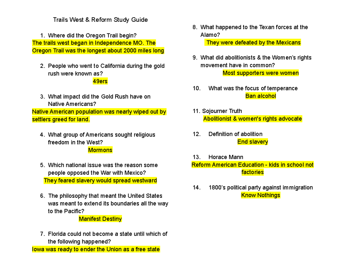 Trails West & Reform Study Guide - Trails West & Reform Study Guide 1 ...