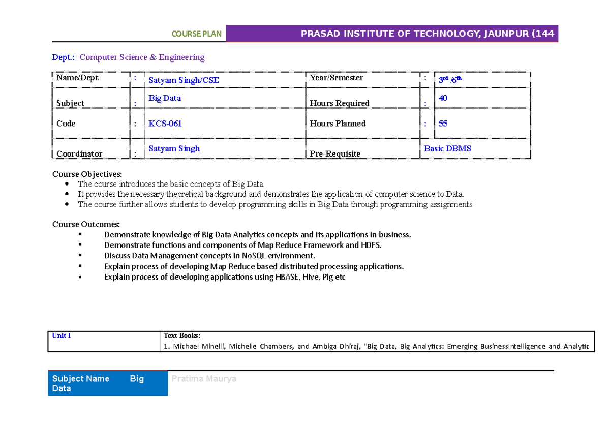 BD course plan final - dsasx - Dept.: Computer Science & Engineering Name/Dept : Satyam - Studocu