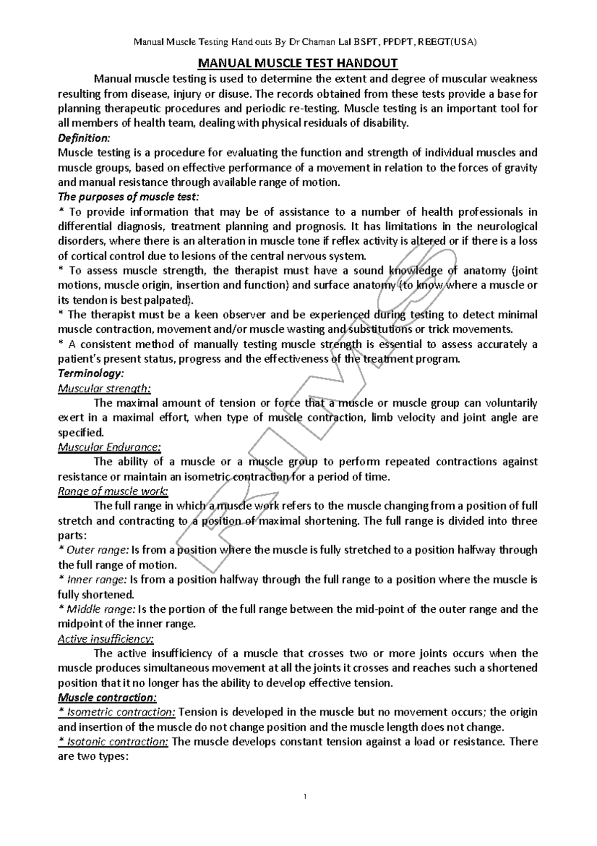 Manual Muscle Test Handouts By Dr Chaman Lal - MANUAL MUSCLE TEST ...