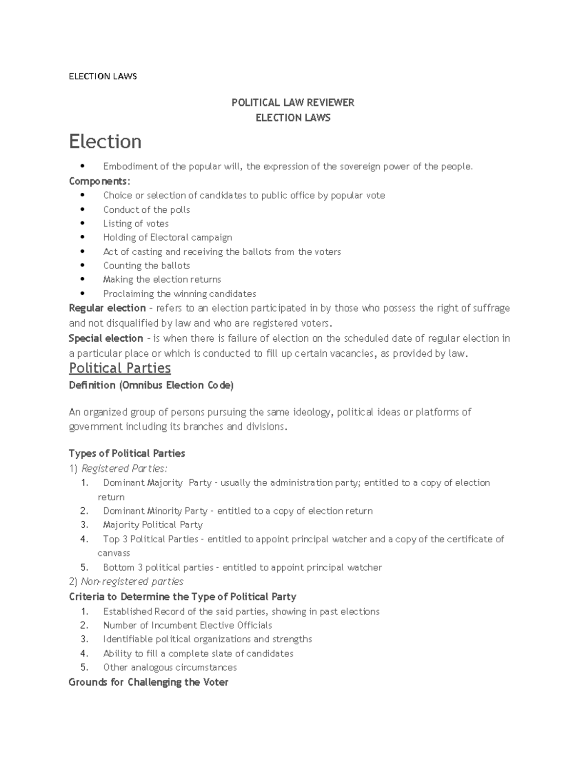 Election LAWS - law - ELECTION LAWS POLITICAL LAW REVIEWER ELECTION ...