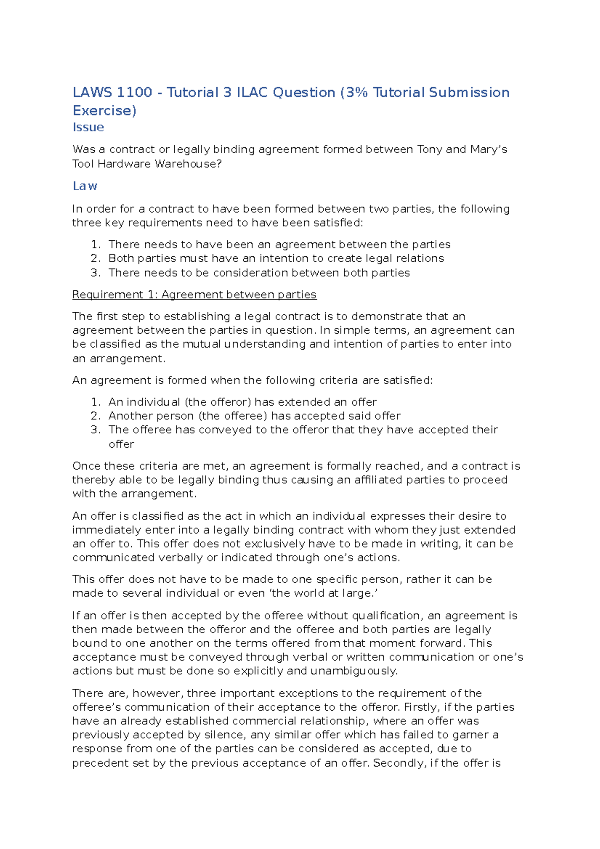 LAWS1100 - Tutorial 3 ILAC Submission - LAWS 1100 - Tutorial 3 ILAC Question (3% Tutorial ...