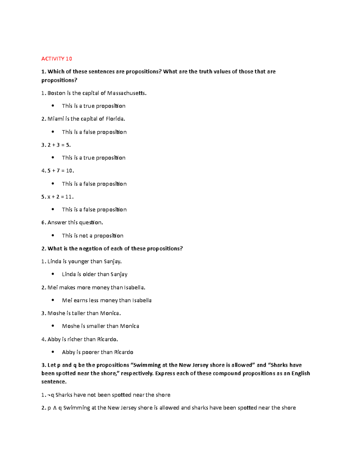 Lecture 10 Propositional Logic WITH Activity - ACTIVITY 10 Which of ...