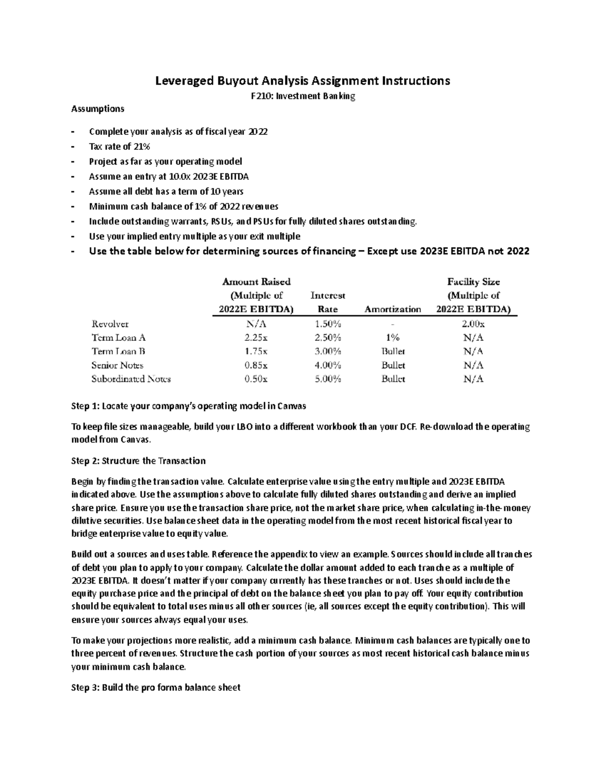 LBO Assignment Instructions - Leveraged Buyout Analysis Assignment Instructions F210: Investment ...