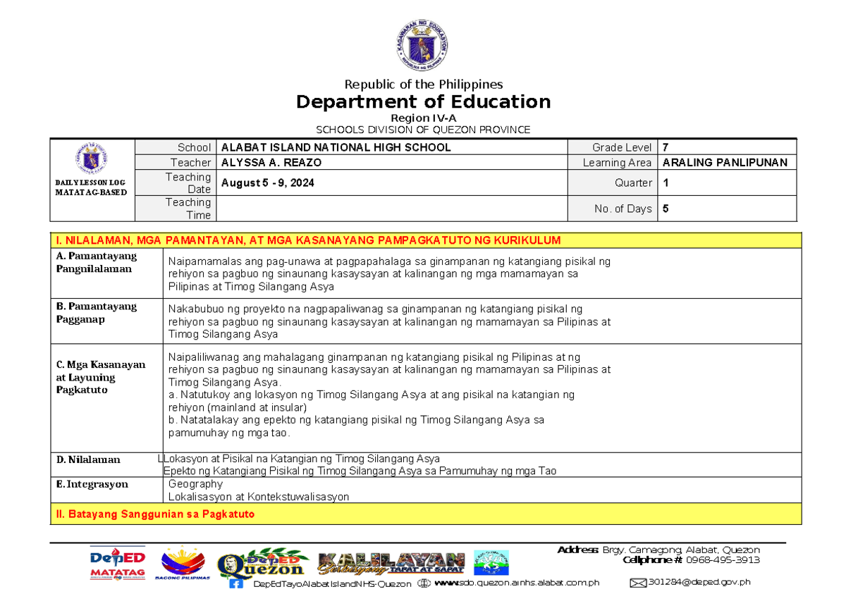 DLL week 1 - Lesson Plan - Republic of the Philippines Department of ...
