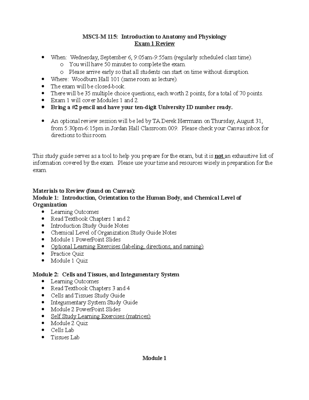 M115 Exam 1 Review Sheet MSCI M 115 Introduction To Anatomy And M115 Exam 1 Review Sheet MSCI M 115 Introduction To Anatomy And