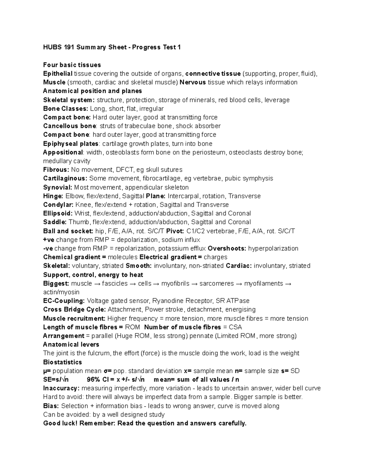 Hubs Summary Sheet - Progress Test 1 - HUBS 191 Summary Sheet ...