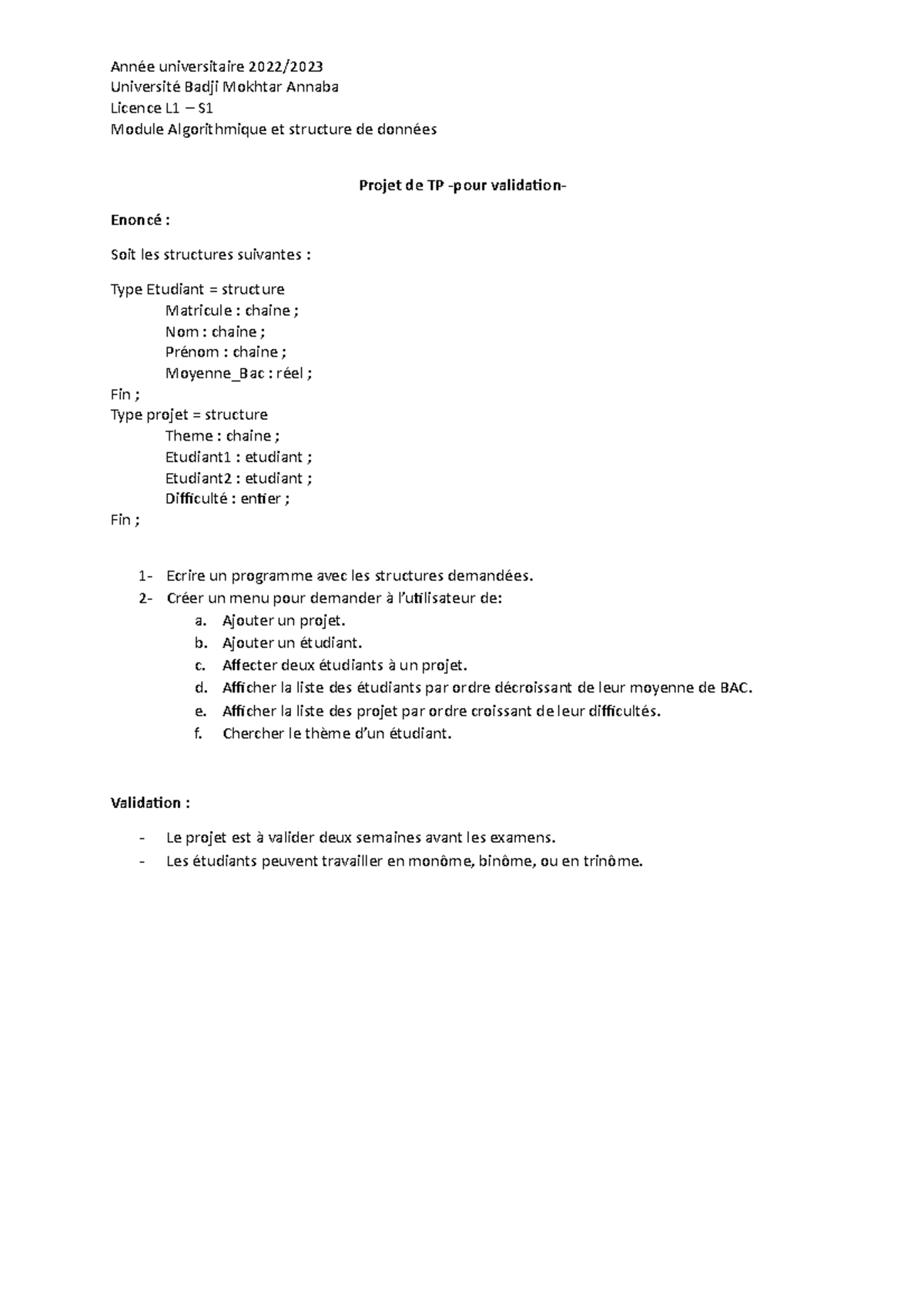 Projet de TP - Année universitaire 2022/ Université Badji Mokhtar ...