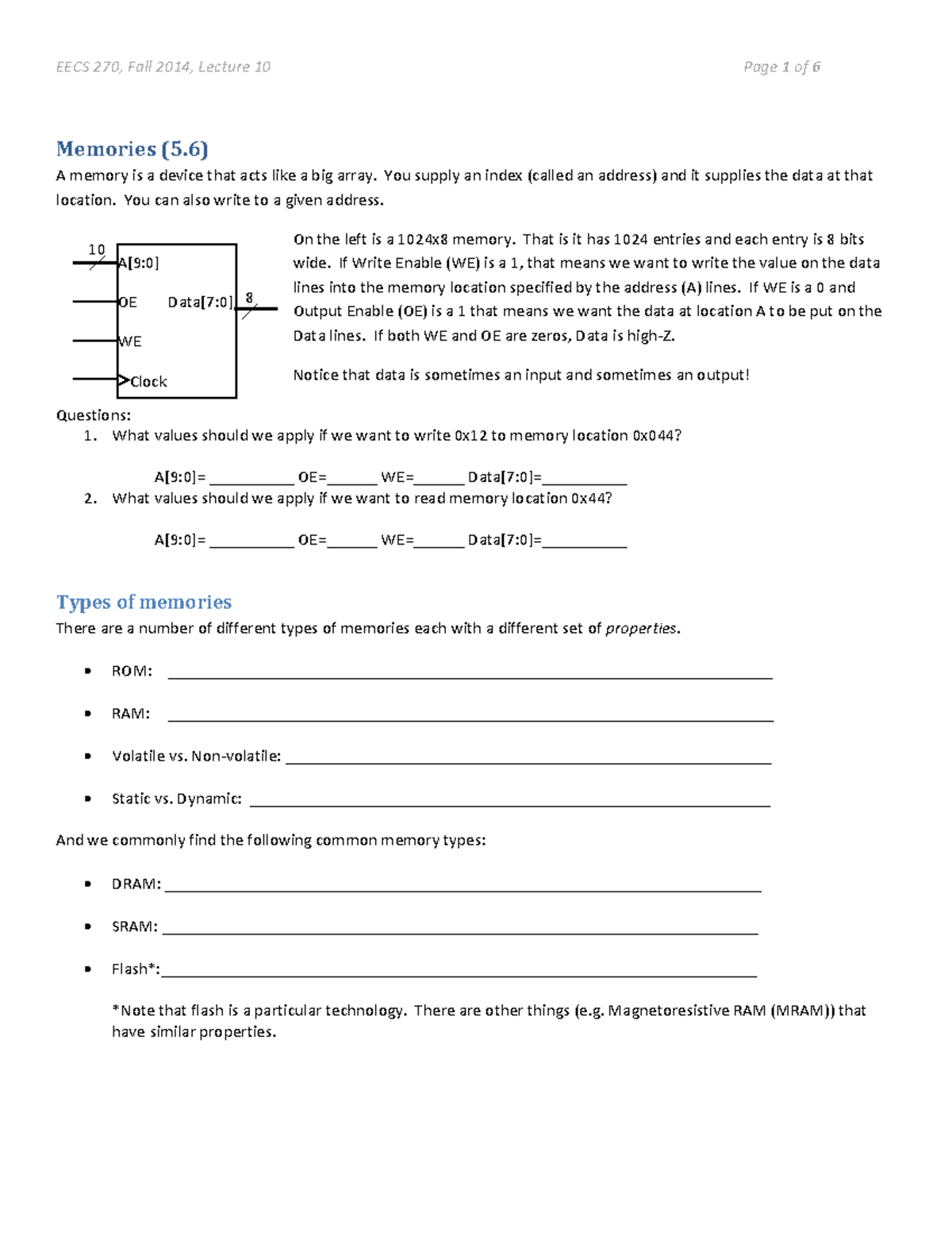 Introduction To Logic Design Eecs 270 20142015 Lecture Notes Lecture