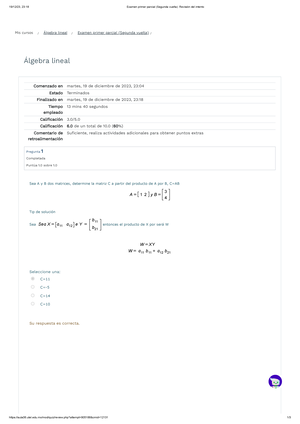 Modalidad de exámenes Semana 5 Revisión del intento - Álgebra lineal Comenzado en miércoles, 22 ...
