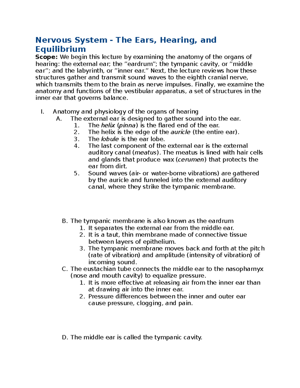 Nervous System - The Ears, Hearing, and Equilibrium - Nervous System ...