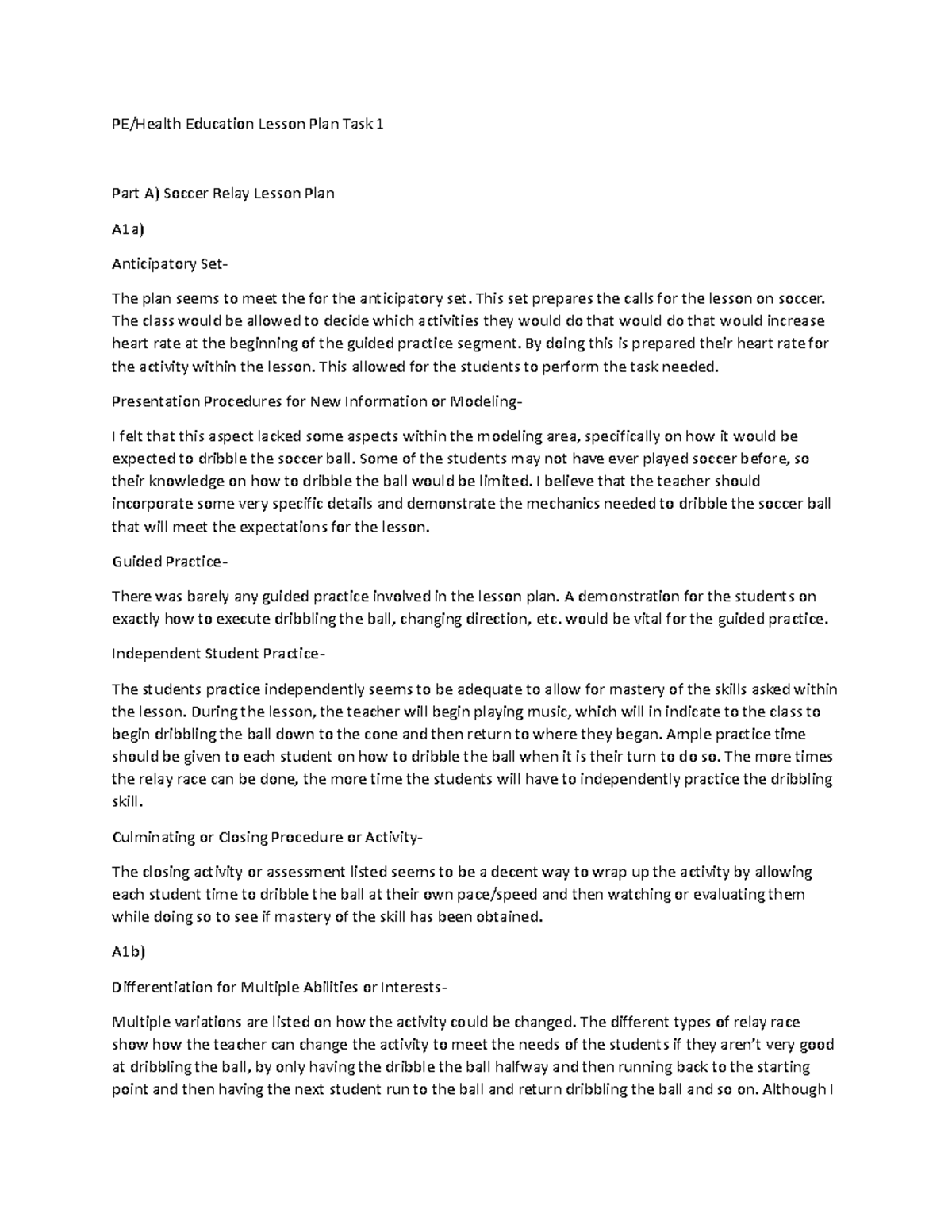 Elementary PE and Health Task1 - PE/Health Education Lesson Plan Task 1 ...